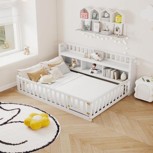 商品名:  mikibama Full Size Floor Bed with Side Bookcase and Shelves, Montessori Floor Bed with Guardrails for Bedroom, Woo...