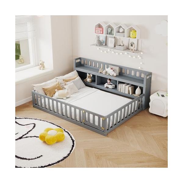 商品名:  mikibama Full Size Floor Bed with Side Bookcase and Shelves, Montessori Floor Bed with Guardrails for Bedroom, Woo...