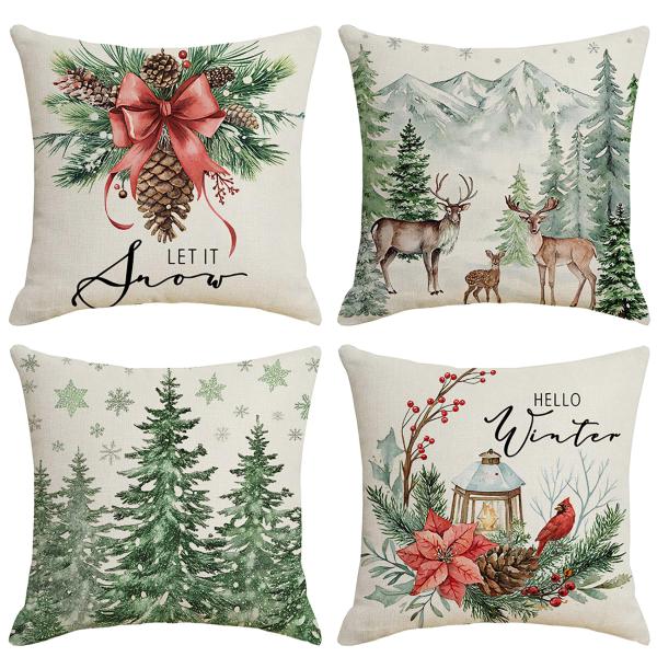 商品名: Ni-JASW クリスマス スロー 枕カバー 45.7 x 45.7 cm 4枚セット 水彩 木 鹿 松ぼっくり 雪 雪 クリスマス 冬 枕カバー ソファ 装飾 Ni-JASW Christmas Throw Pillow Cov...