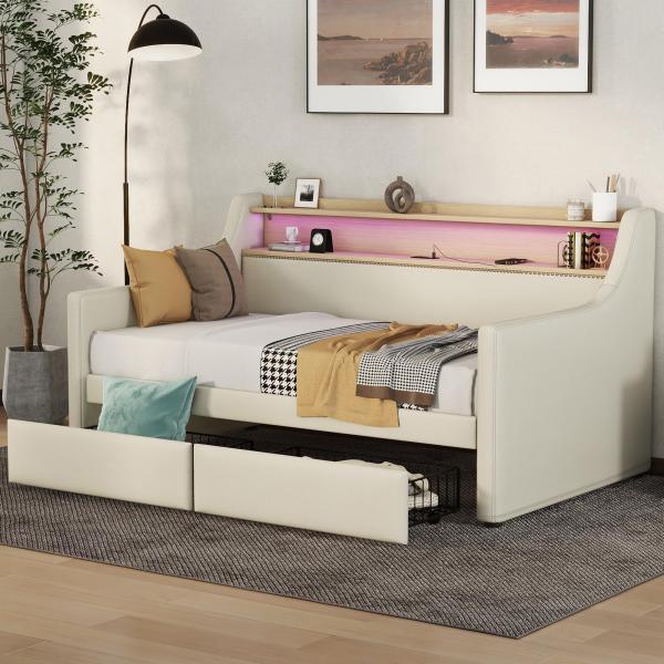 商品名:  Day Bed Twin Size with Storage Drawers, PU Leather Upholstered Sofa Bed Frame with Vertical Stripes, Modern Space-...