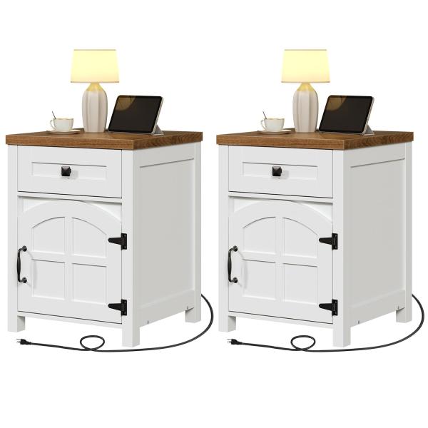 商品名:  HOOBRO Set of 2 Farmhouse End Table with Charging Station, End Tables Living Room with Drawer, Rustic Nightstand w...