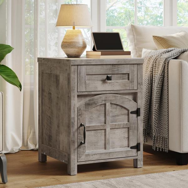 商品名:  HOOBRO Farmhouse End Table with Charging Station, End Tables Living Room with Drawer, Rustic Nightstand with Arche...