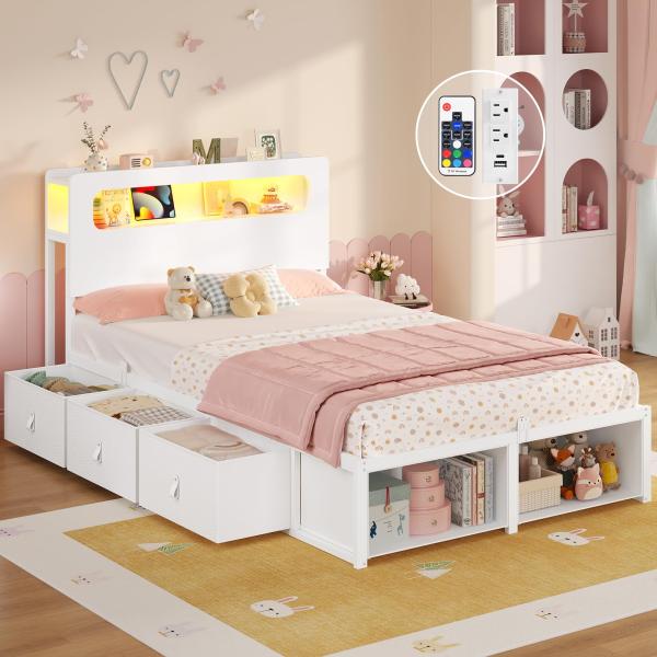 商品名:  ADORNEVE Twin Bed Frame with 6 Storage Drawers &amp; 2-Tier LED Headboard ? Kids Girls Bed with Power Outlets &amp...
