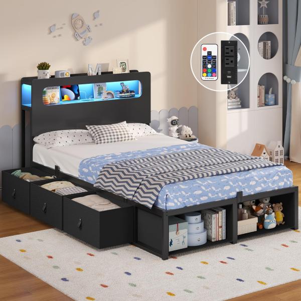 商品名:  ADORNEVE Twin Bed Frame with 6 Storage Drawers &amp; 2-Tier LED Headboard ? Kids Boy Bed with Power Outlets &amp; ...