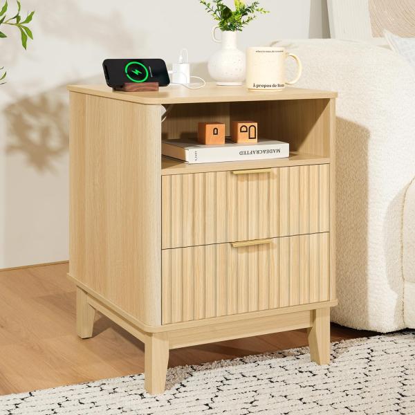商品名:  Curlaky Night Stand with Charger Station, Fluted Nightstand with Drawers and Storage Shelf, Mid Century Modern Bed...