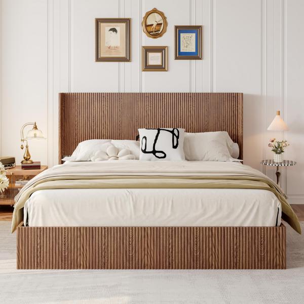 商品名:  Large Grooved Undulating Lift Storage Bed Frame - Wooden Platform Bed with Lift-Up Storage, No Box Spring Needed (...