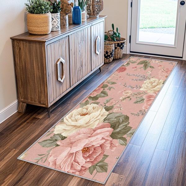 商品名:  Pink Peony Runner Rug for Hallway, 2x5 - Washable Rustic Floral Carpet Runner, Farmhouse Flower Decor for Bedroom ...