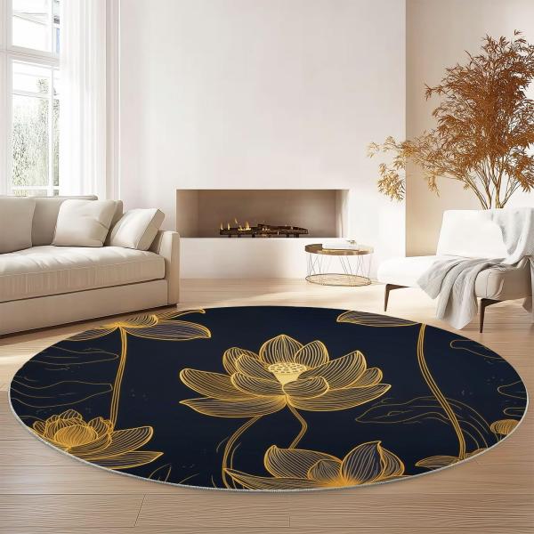 商品名:  Stain Resistant Round Area Rug 2 x 2 ft, Chinese Floral Lotus Soft Non-Slip Circular Carpet, Black Non-Shedding &a...