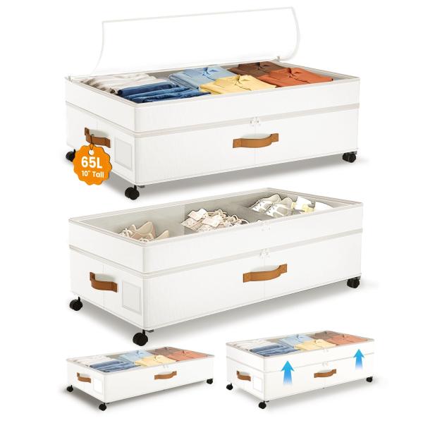 商品名: Megapuxin キャスター付きベッド下収納 65L XXL ベッド下収納ボックス Lサイズ 高さ10インチ 調節可能な収納 ベッド下用 蓋付き 靴/衣類/毛布用 キャスター付き ホワイト Megapuxin Under Bed...