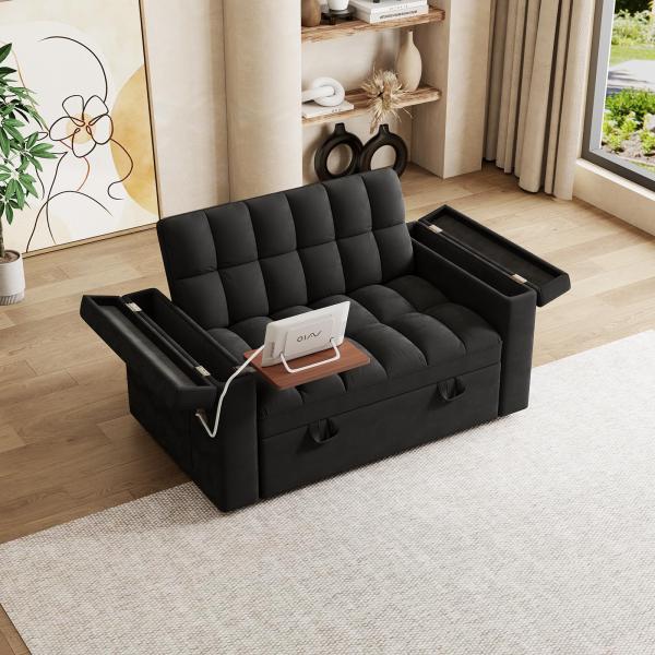 商品名:  65" Velvet Convertible Sofa with USB Ports, Foldable Computer Desk &amp; Hidden Storage, Modern Multi-Function Cou...