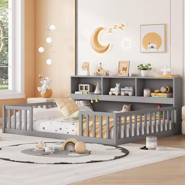 商品名:  Aurnienofus Full Size Floor Bed with Storage Bookcase &amp; Shelves，Wood Montessori Kids Bed Frame with Storage Si...