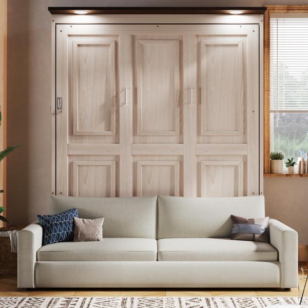商品名:  Modern Queen Size Murphy Bed Wall Bed with Spacious 2 Seat Sofa and Light, Traditional Solid Wood Murphy Cabinet B...