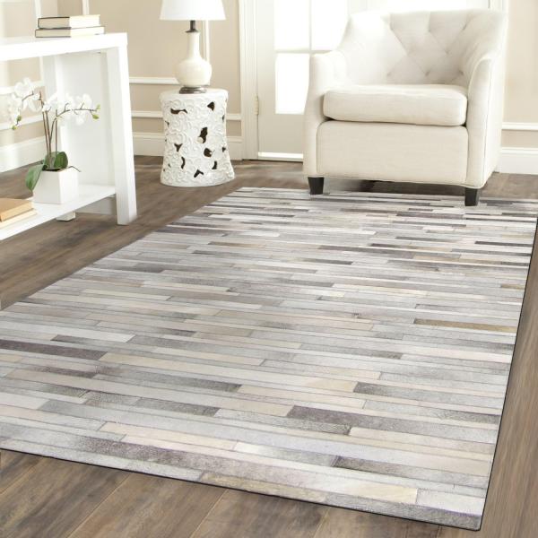 商品名:  REGAL RUGS Luxury Cowhide Leather Patchwork Rug ? Modern Striped Pattern in Neutral Grey, Beige &amp; White Tones ...