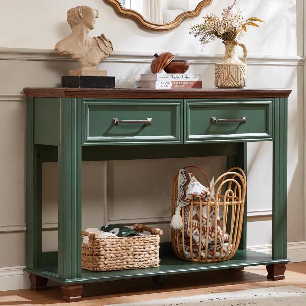 商品名: SAVOR LIFE(セーバーライフ) Farmhouse 46インチ コンソールテーブル 引き出し2個付き 素朴な木製 2段 玄関テーブル オープン収納棚付き 玄関用 大型 ミッドセンチュリー ヴィンテージ ソファテーブル ソフ...