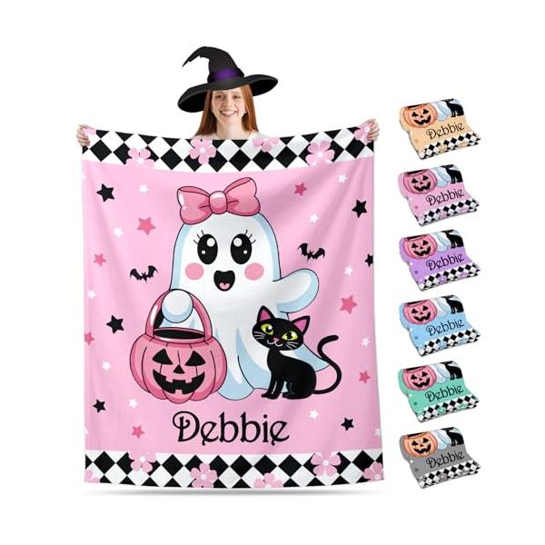 商品名:  Personalized Halloween Blanket with Name, Cute Pink Ghost Blanket, Custom Pumpkin Halloween Throw Blankets for Kid...