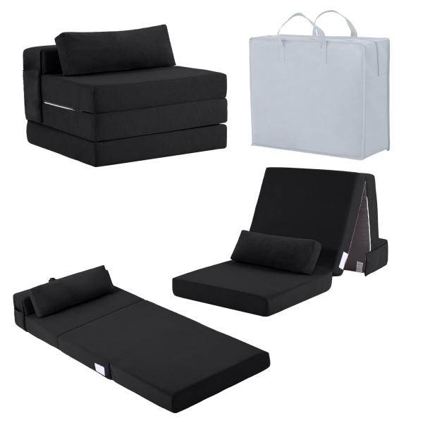 商品名: Tiita 折りたたみソファベッド - 収納バッグ付きコンバーチブルスリーパーチェア、枕付き三つ折りマットレス、ポータブル折りたたみチェアベッドフロアソファ、リビングルーム/寮/ゲスト使用/旅行用 シングルサイズ、ブラック Tii...