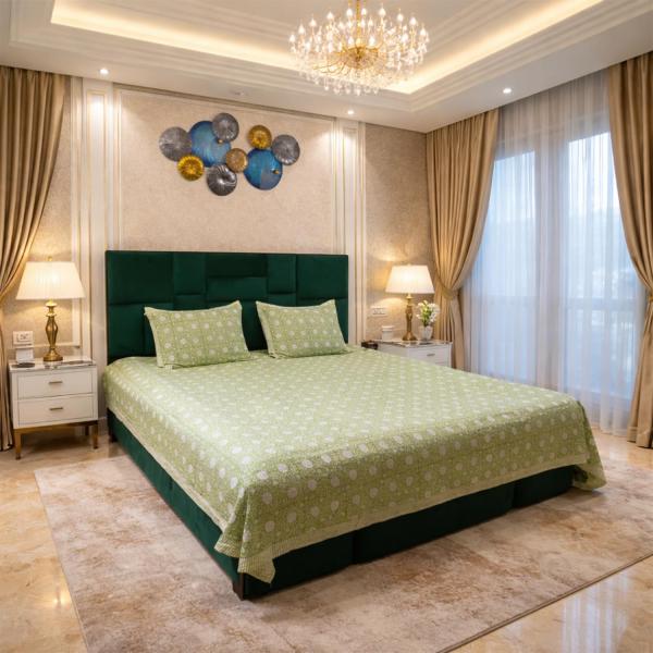 商品名:  Hand Block Printed Sanganeri Jaipuri Cotton Bedsheet Set for Double &amp; Queen Size Bed | Floral Flat Bedsheet wi...