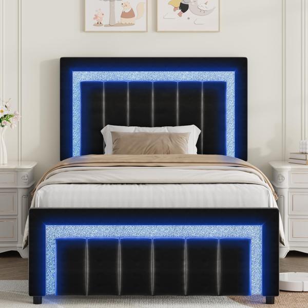 商品名:  HOMBCK Twin Bed Frame with LED Lights and Velvet Upholstered Headboard, Twin Size Bed Frames with Modern Diamond H...