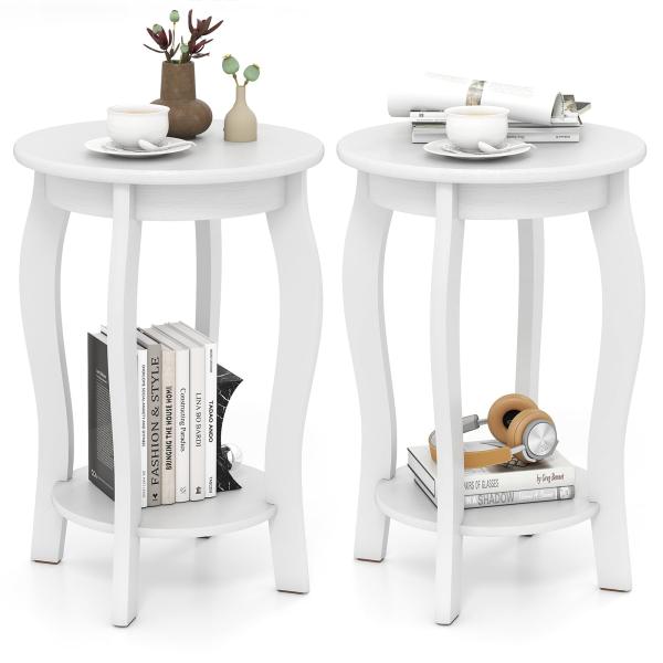 商品名:  GOFLAME 2-Tier Round End Table Set of 2, Mid-Century Modern Sofa Side Table with Storage Shelf, Solid Wood Legs, C...