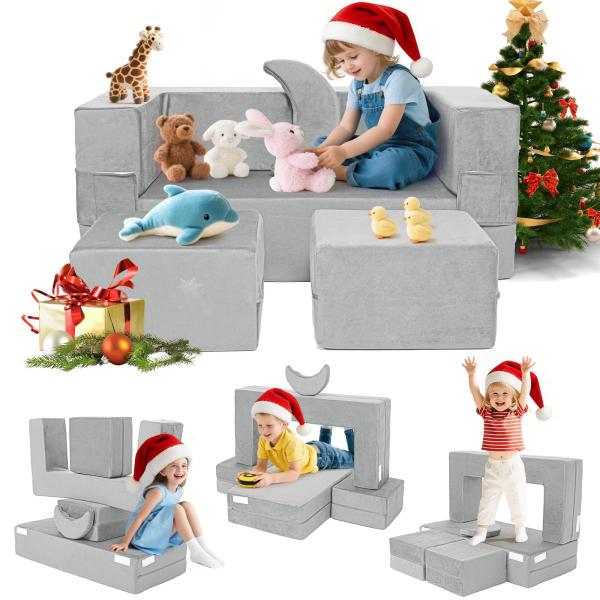 商品名: FURNAWAY 子供用プレイカウチクッション 5点 ? モジュラーソファセット ベルベット洗えるカバー付き 高密度フォーム 3歳以上の幼児用 コンバーチブルプレイフォート&amp;ビルディングブロック(グレー) FURNAWAY...