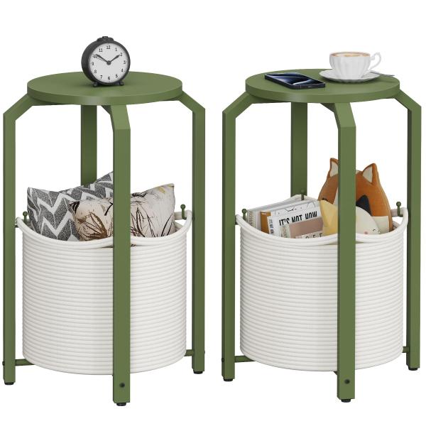 商品名: TUTOTAK 小型サイドテーブル ラウンドエンドテーブル ナイトスタンド ベッドサイドテーブル ソファテーブル 収納バスケット付き リビング 寝室 オリーブグリーン TB01BOG0922 TUTOTAK Small Side ...