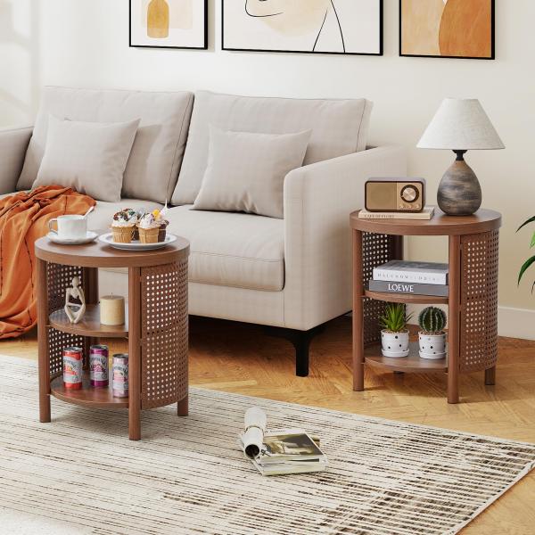 商品名:  SUJOUCRAFT Small Round Side Set of 2, 16" Mid-Century Farmhouse End Table with Iron Rattan for Sofa Couch, Wood St...