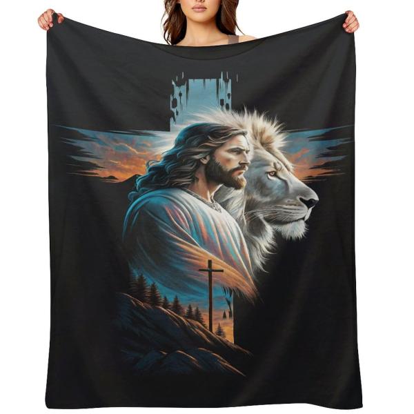 商品名: イエスとライオンのスローブランケット、クロスアーティスティックセンス、ソフトタッチ、素材技術はグリーンで環境に優しい、ソファ、書斎、寝室の装飾ブランケットに適しています 60x80インチ Jesus and The Lion Th...