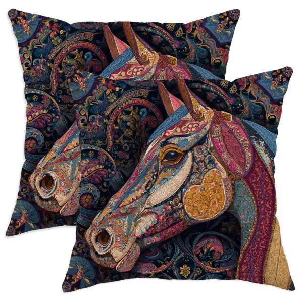 商品名:  Artistic Horse Pillow Covers Set of 2, Colorful Equine Decorative Cushion Cases, Farmhouse Style for Living Room S...