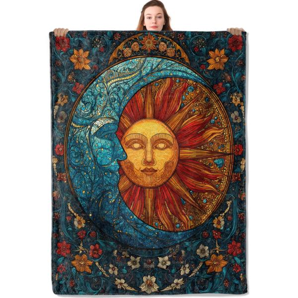 商品名: YCUFN アーティスティック サン ムーン デザイン フランネル ブランケット ボーホー 天文 花柄 軽量 スローブランケット ソファ ピクニック 旅行 集まり 装飾 オールシーズン 占星術愛好家 ギフト 60 x 80インチ ...