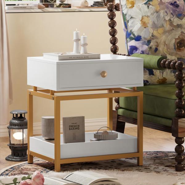 商品名:  WiberWi End Table with Drawer and Open Shelf, 2 Tiers Sofa Side Table with Gold Metal Frame for Living Room, Moder...