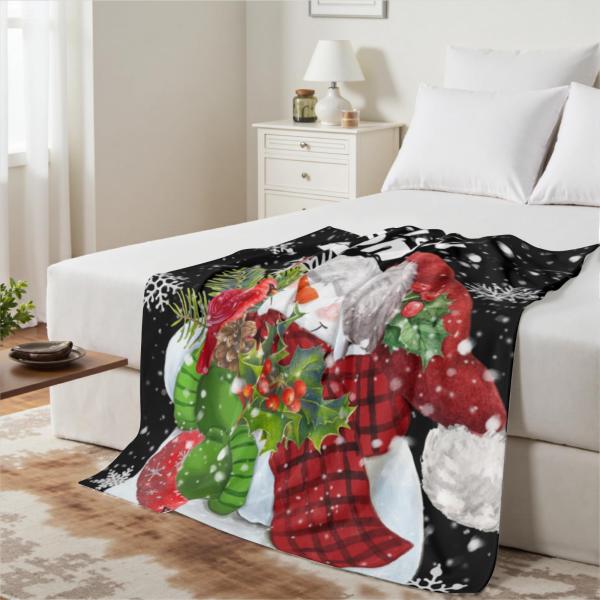 商品名:  Snowman Throw Blanket Christm Red Bird Pine Cone Berry Fleece Warm Cozy Reversible Holiday Blanket 50 x 60 Inch Wi...