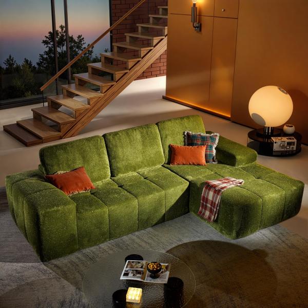 商品名: OOBOLT 114インチ モジュラー セクショナルソファ フラシ天生地 シルバー夜光、骨なし L字型ソファ 椅子付き リビングルーム用 深いシート付き 組み立て不要 ソファ(グリーン、右長椅子) OOBOLT 114 in Mo...