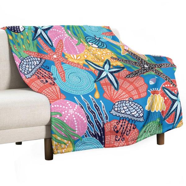 商品名:  Abstract Colorful Nautical Coastal Blanket, Cartoon Cute Beach Starfish Seashell Coral Blanket, Super Soft Flannel...