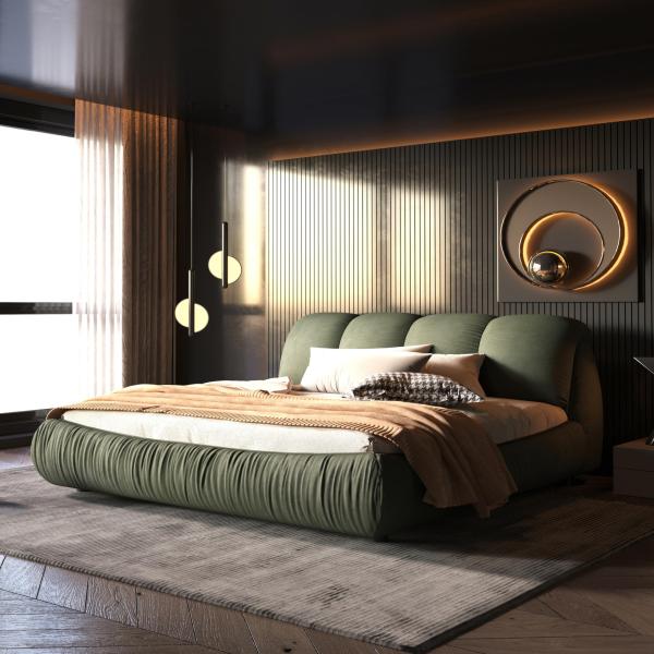 商品名:  Luxury Upholstered Platform Bed with Oversized Padded Headboard, Solid Wood Frame, Adjustable Mattress Heights (6?...