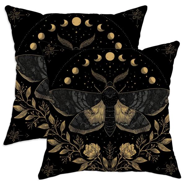 商品名:  Moon Phase Throw Pillow Covers Set of 2, Black Moth Floral Cushion Cases, Gothic Decorative Square Home Decor for ...