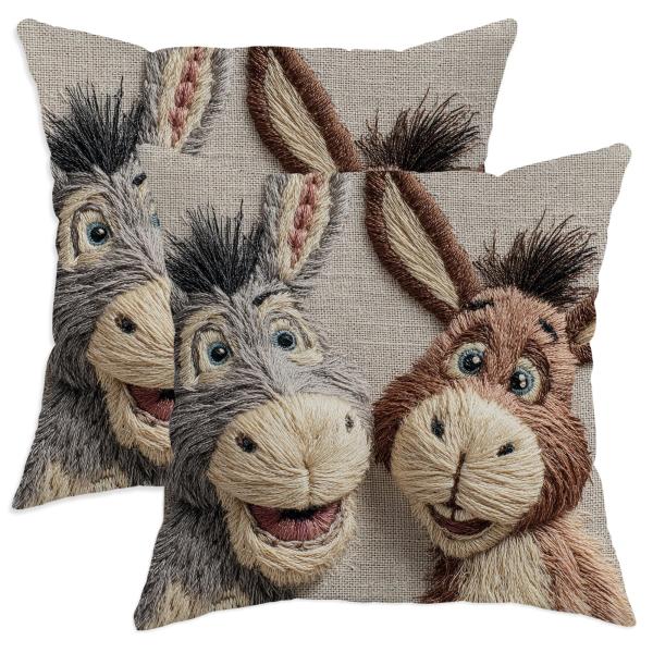 商品名:  Cute Donkey Printed Throw Pillow Covers Set of 2, Beige Animal Embroidery Cushion Cases, Fun Decorative Farmhouse ...