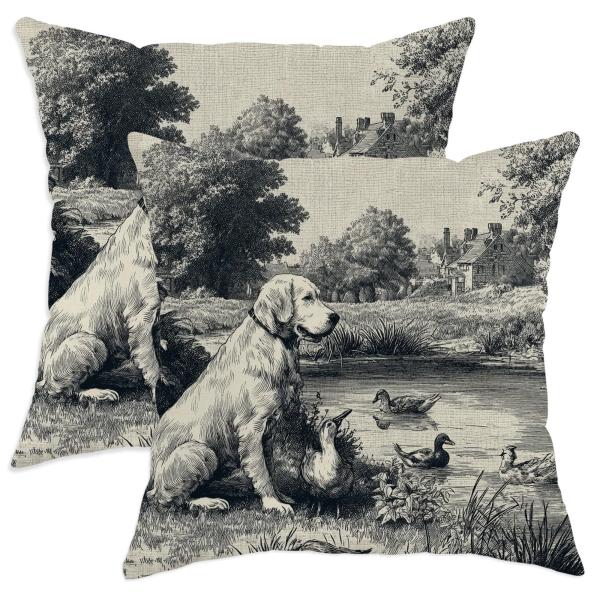 商品名:  Vintage Dog and Duck Throw Pillow Covers Set of 2, Black White Farmhouse Decorative Cushion Cases for Home Sofa Be...
