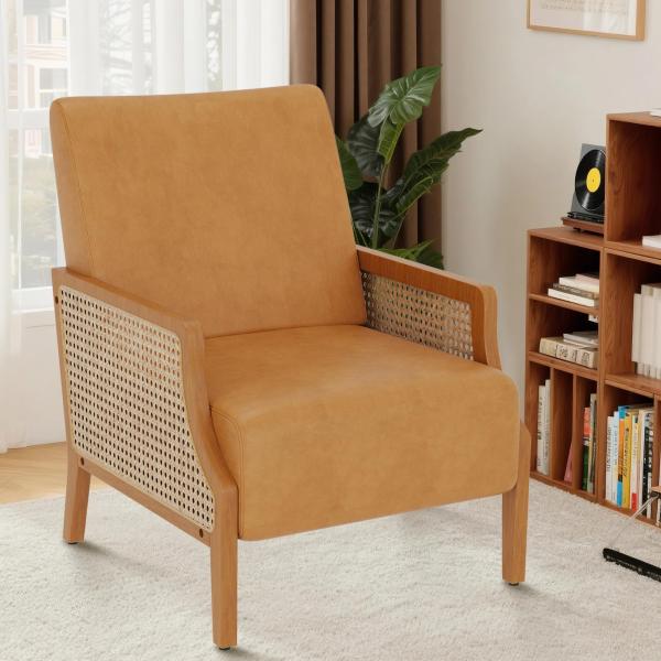 商品名: WENTMENT モダンアクセントチェア 天然ラタンアームレスト付きアームチェア 布張りのリビングルームチェア 快適なシングルソファチェア ホスティングルーム/ベッドルーム用 ブラウン WENTMENT Modern Accent...