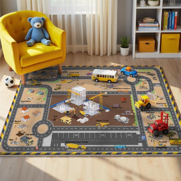 商品名: 建設現場プレイマット 子供用ラグ 5x7インチ ノンスリップ教育ラグ 掘削機、エンジニアリングビークル&amp;ロードデザイン、プレイルーム、保育園、男の子部屋の装飾に洗濯機で洗えるカーペット Construction Site ...