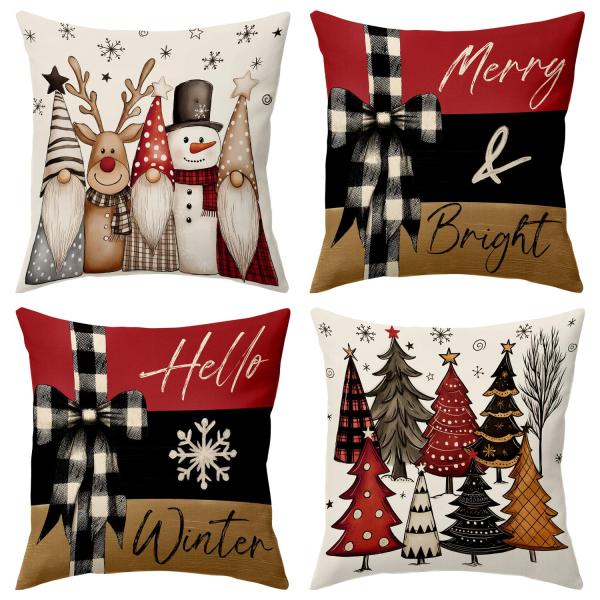 商品名: クリスマス スロー枕カバー 18x18、カラフルなクリスマスノームツリー トナカイ レッド ブラック ブラウン 枕カバー 4枚セット 冬 ホリデー クッションカバー 屋内 ソファ リビングルーム ファームハウス 装飾 Christ...
