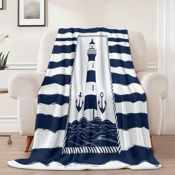 商品名:  Flannel Blanket Minimalist Style Stripes and Lighthouse Pattern Printed Full Size Bed Blanket for Home Decoration ...