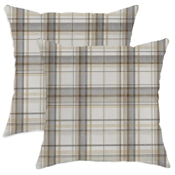 商品名:  Plaid Throw Pillow Covers Set of 2, Neutral Farmhouse Cushion Cases with Brown and Grey Checkered, Rustic Cozy Dec...