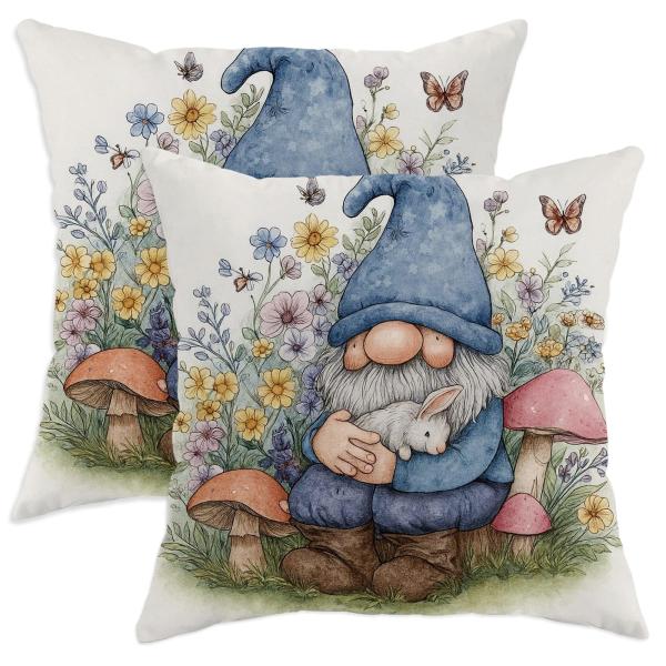 商品名:  Spring Gnome Throw Pillow Covers Set of 2, Blue Garden Fantasy Decorative Cushion Cases, Outdoor Rustic Farmhouse ...