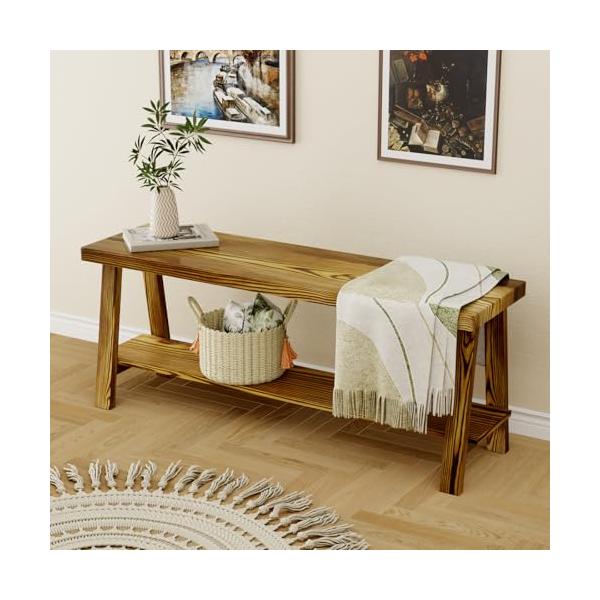 商品名:  Delywh Solid Wood 43'' Farmhouse Entryway Bench with Shoe Storage, Rustic Wooden Bench for Bedroom End of Bed, Hal...