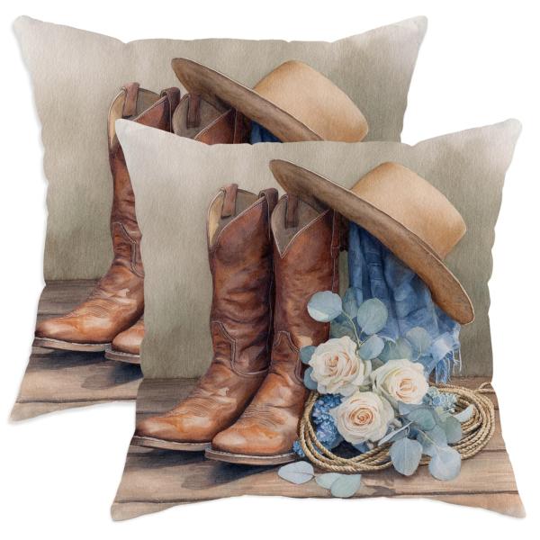 商品名:  Rustic Western Throw Pillow Covers Set of 2, Brown Cowboy Boots and Hat Floral Decor, Vintage Farmhouse Cushion Ca...