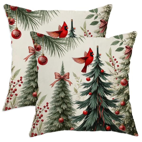 商品名:  Christmas Throw Pillow Covers Set of 2, Red Cardinal and Pine Tree Decorative Cushion Cases, Holiday Farmhouse Dec...