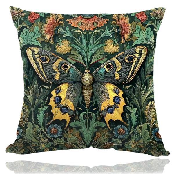 商品名: OUZ ウィリアム・モリスにインスパイアされた抽象的なヴィンテージフローラルバタフライデザインスローピローカバーホームデコレーション、アールデコピローケースクッションカバー ベッド、ソファ、リビングルーム用(グリーン-蝶、45.7...