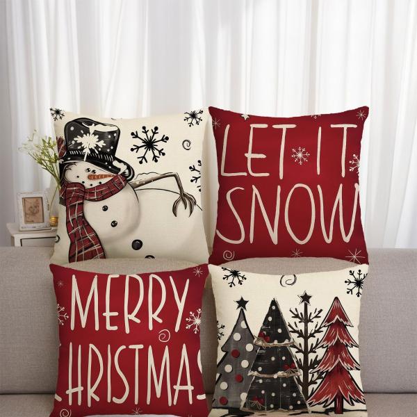 商品名: メリークリスマス 雪だるま 枕カバー 18 x 18インチ、4枚セット 装飾 クリスマスツリー 冬 ブルー デザイン 季節の冬の装飾 カウチ ソファ ベッドルーム リビングルーム 装飾 Merry Christmas Snowma...