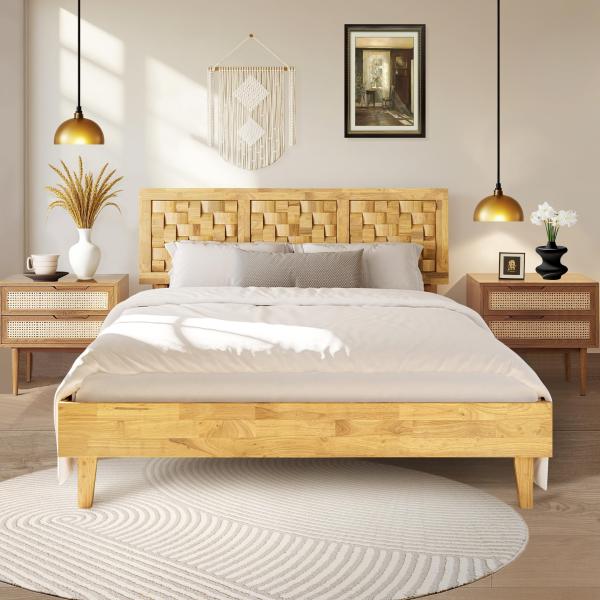 商品名:  Higorl King Solid Wood Bed Frame with Handcrafted Geometric Headboard, Sturdy Bed Legs, Supports up to 800 lbs,12 ...
