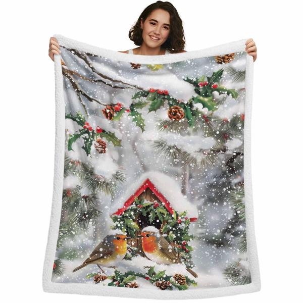 商品名: クリスマスシェルパフリーススローブランケット- バードハウス ヒイラギ ベリー クリスマスツリースーパーソフトブランケット 暖か ふわふわ プラッシュスロー ベッド カウチ ソファ用 60x80インチ Christmas Sher...